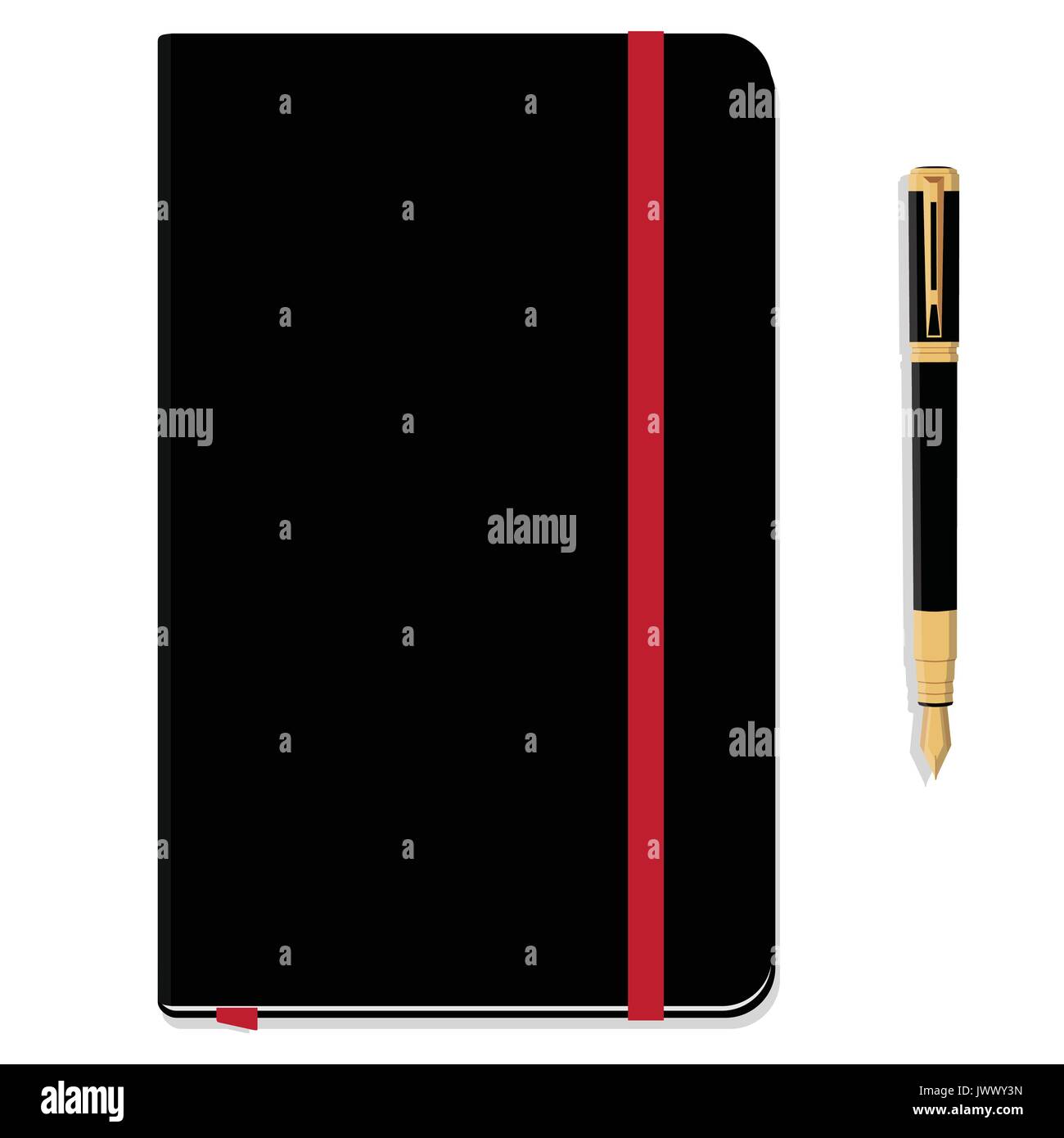 Blank copybook template with red elastic band and bookmark. Black ...
