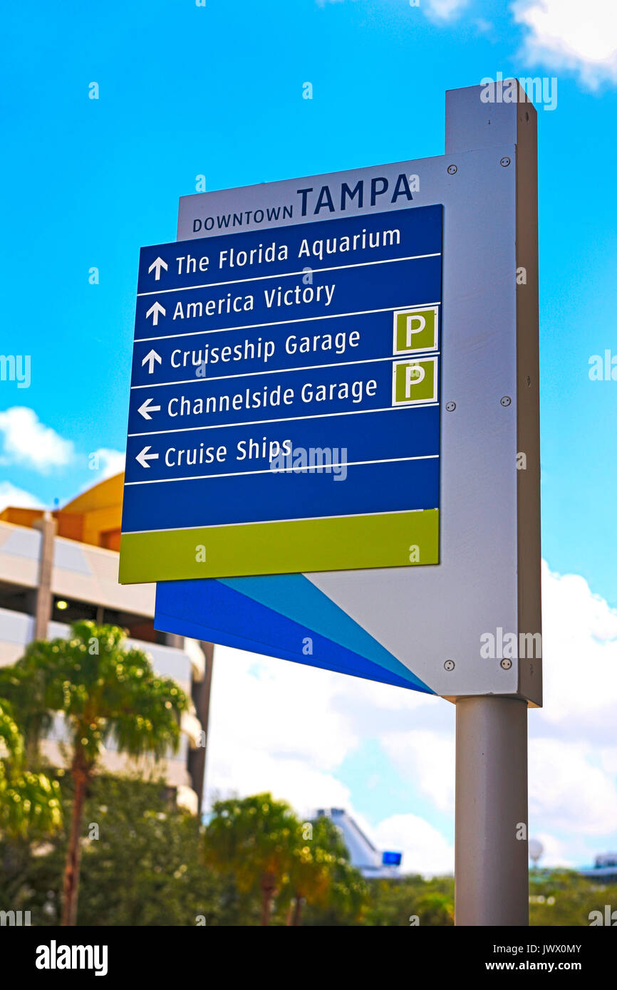 Street sign pointing to destinations in the Channel District of Tampa ...