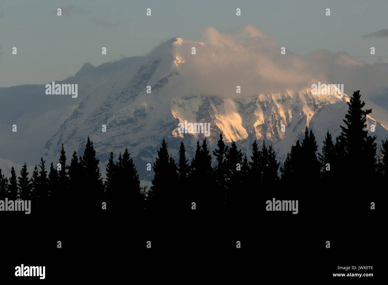 Mountains with snow along the Alaska highway near Delta Junction ...
