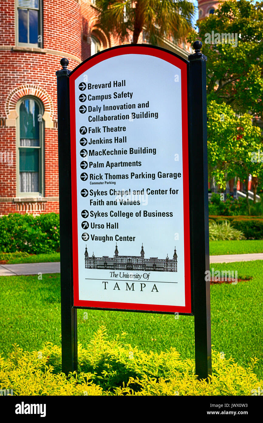 University of Tampa campus buildings direction sign in Tampa FL, USA ...