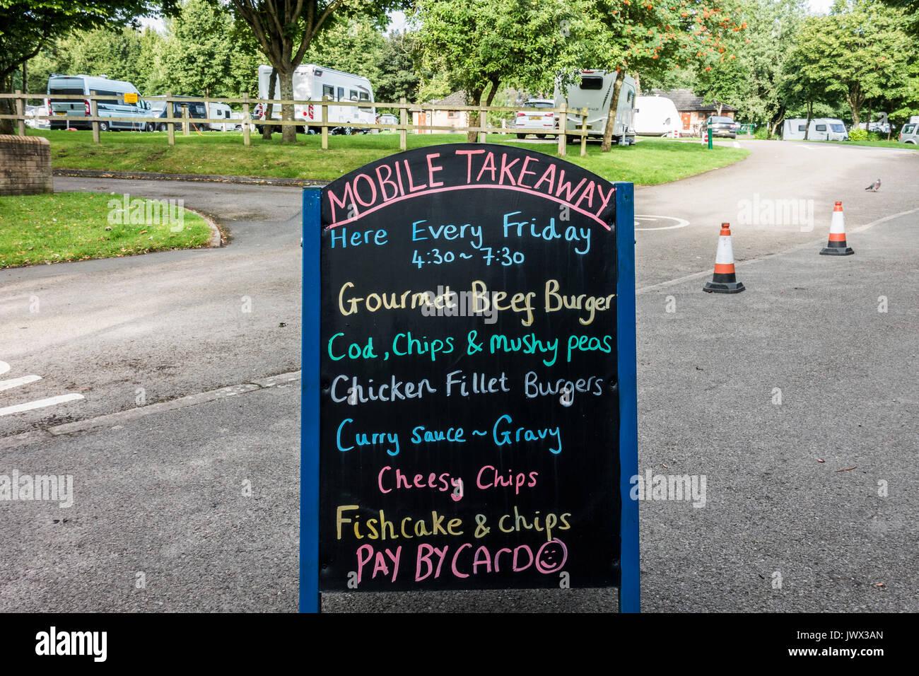 Mobile food takeaway menu at the Caravan and Motorhome Club site in the ...