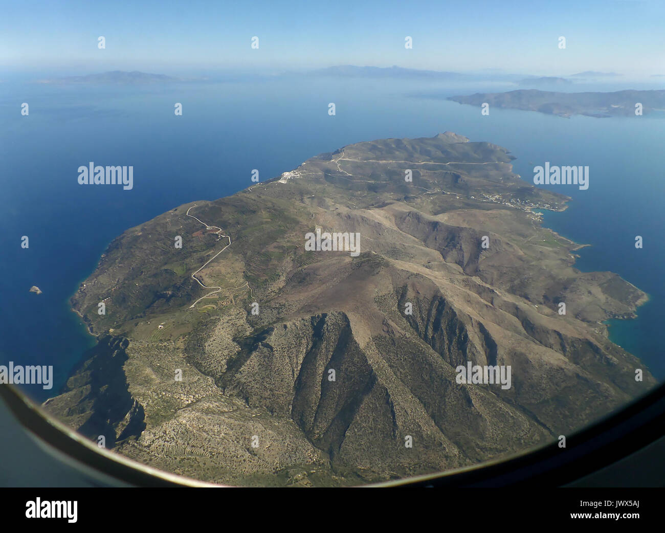 Amazing aerial view of Santorini island as seen from plane window ...