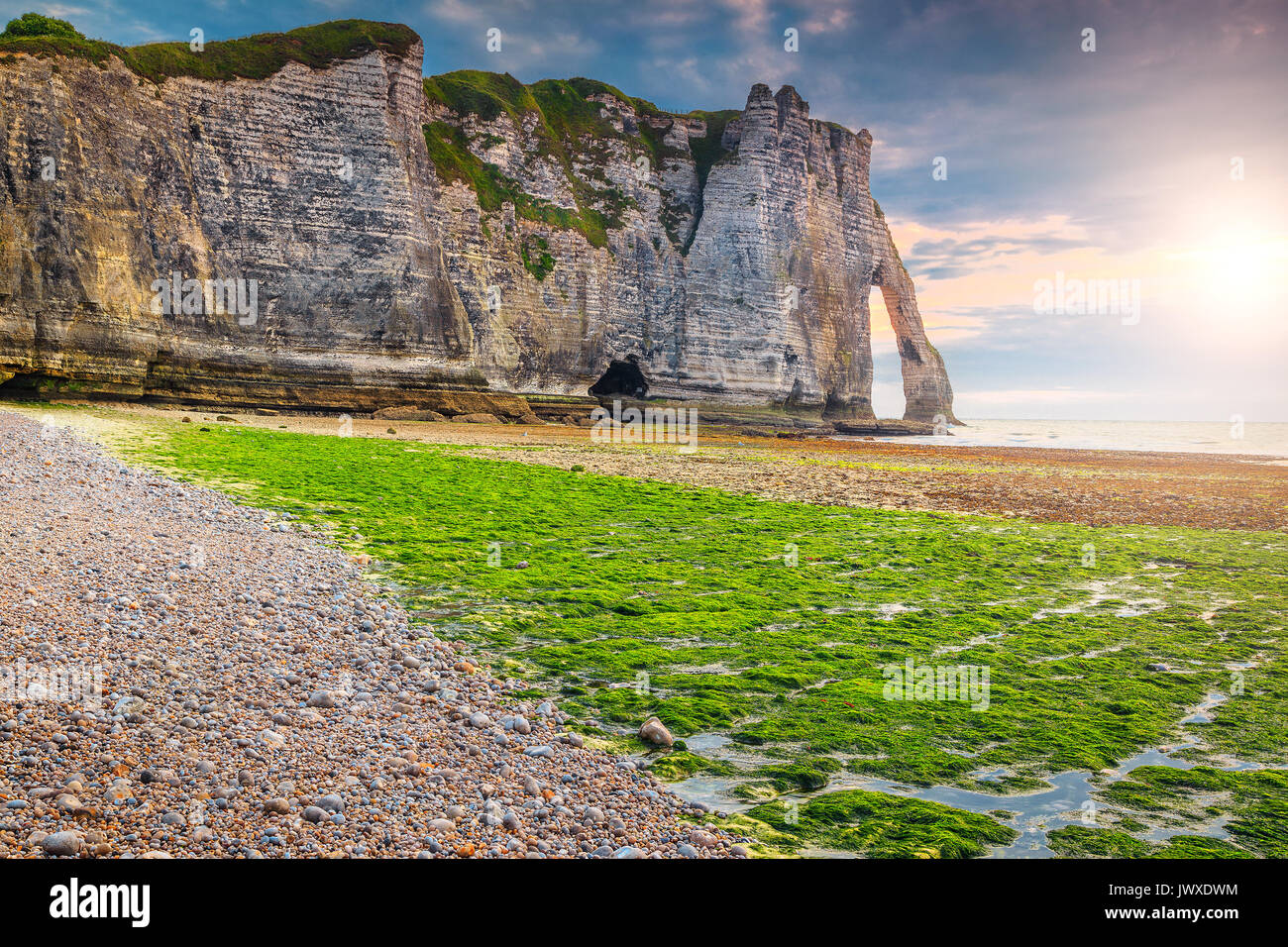 Famous green mossy coastline and white pebble stones with magical ...