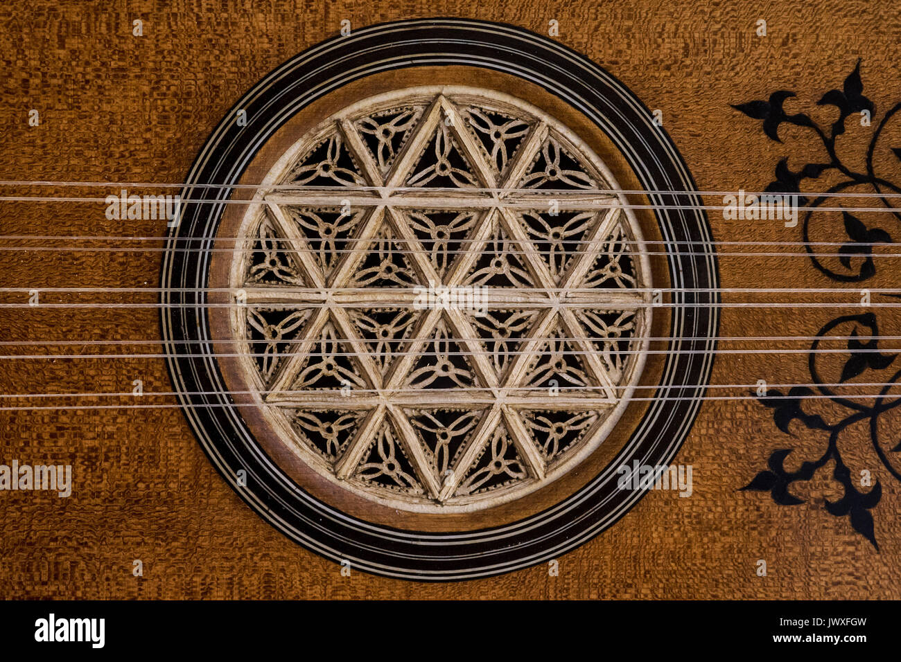 The sound hole and rosette of an ancient Oud Stock Photo - Alamy