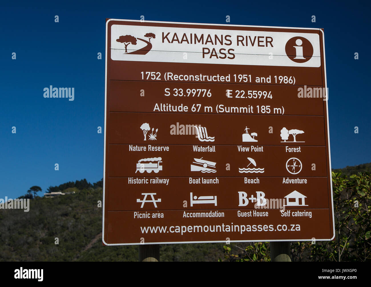 Sign with information of the Kaaimans River Pass in South Africa Stock ...