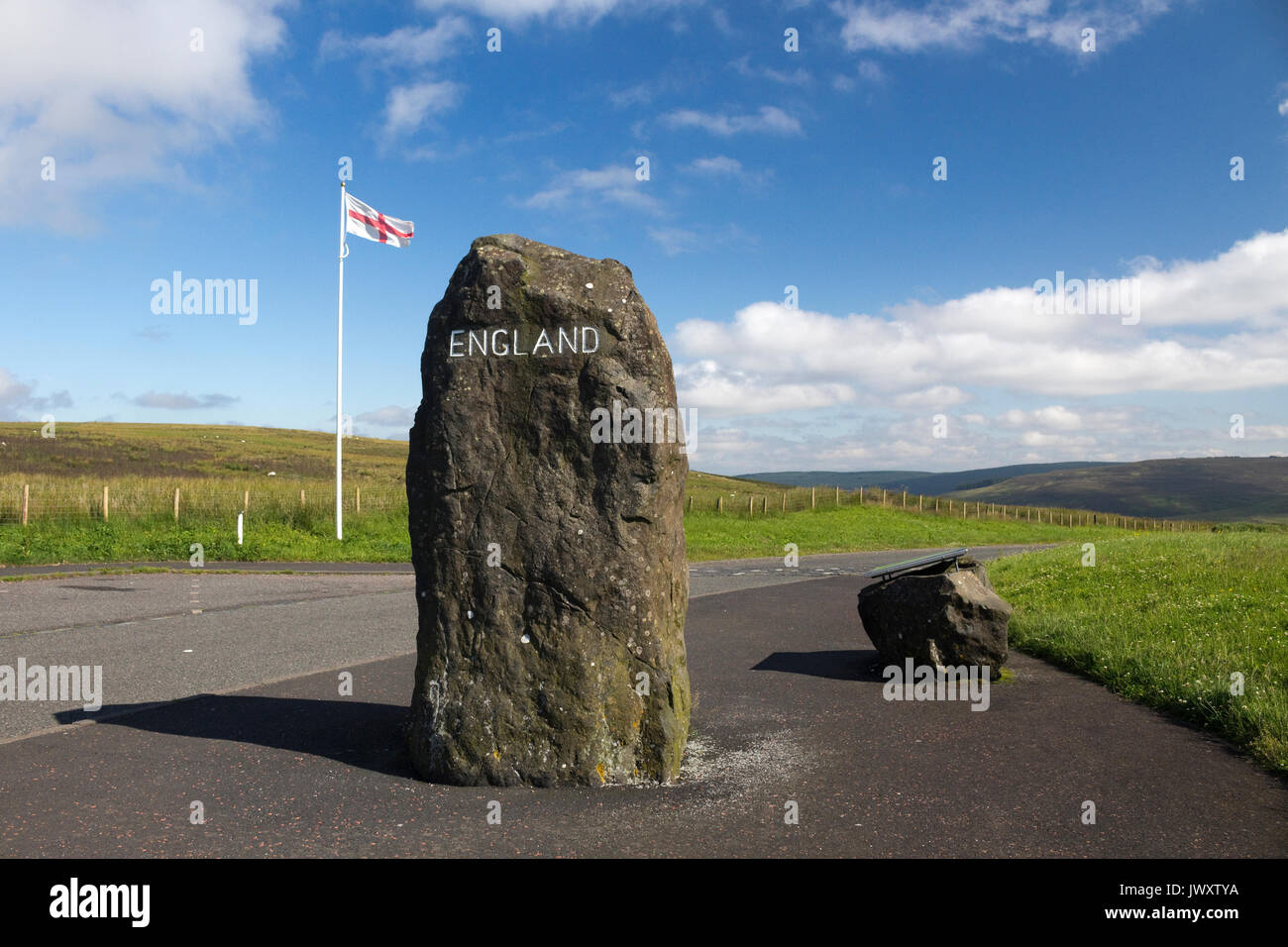 English flag, rock with England painted on it and information board ...
