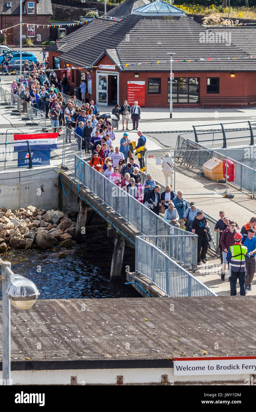 Queue of passengers, tourists and holidaymakers at Brodick Pier, Isle ...