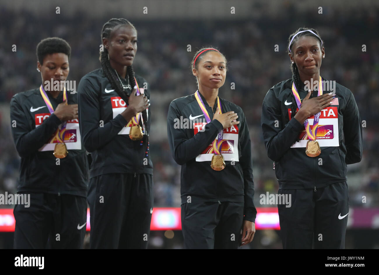 USA's 4x400m Women's Relay Team (gold) during day ten of the 2017 IAAF ...