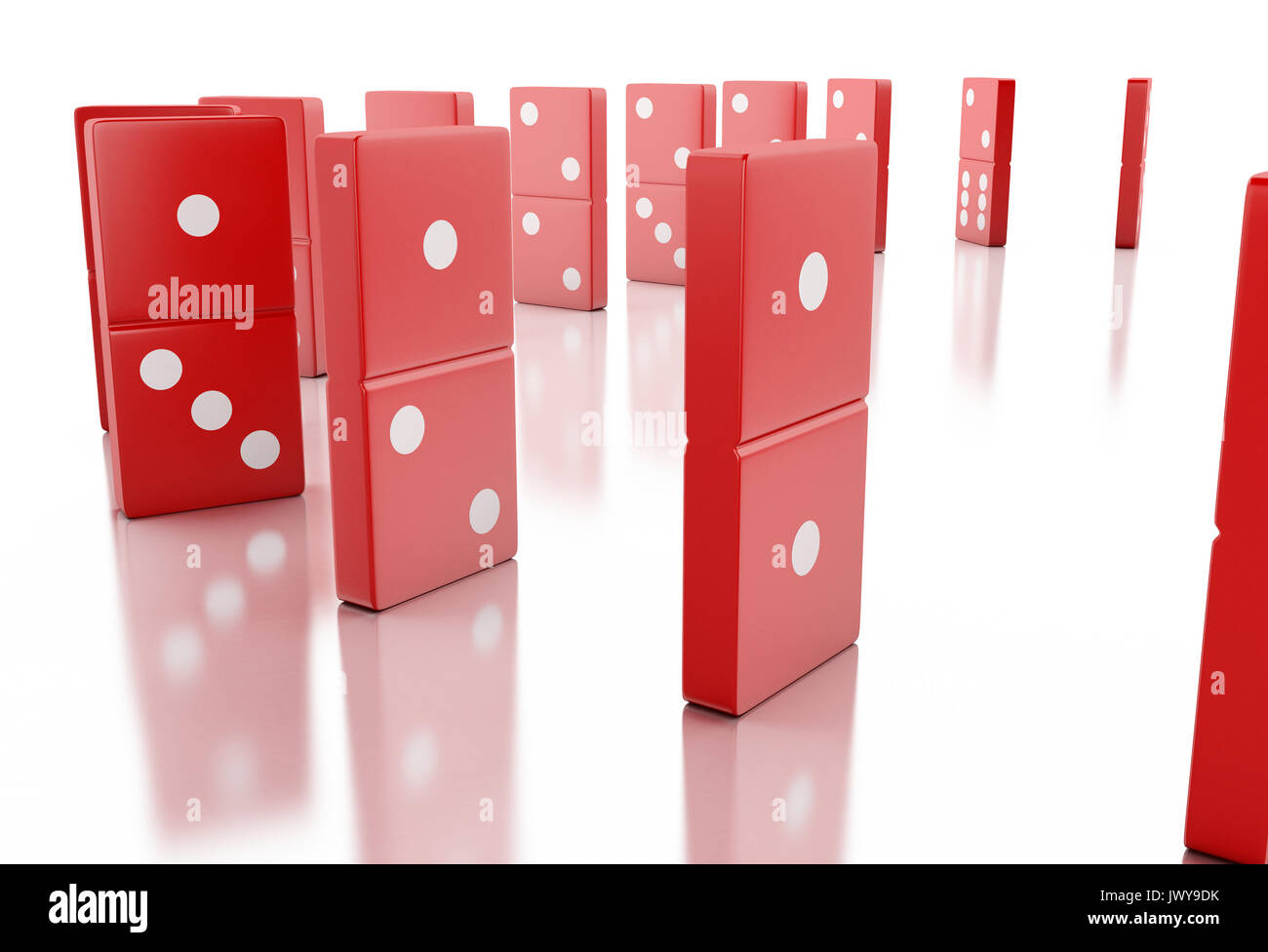 3d illustration. Red domino tiles falling in a row. Business concept ...