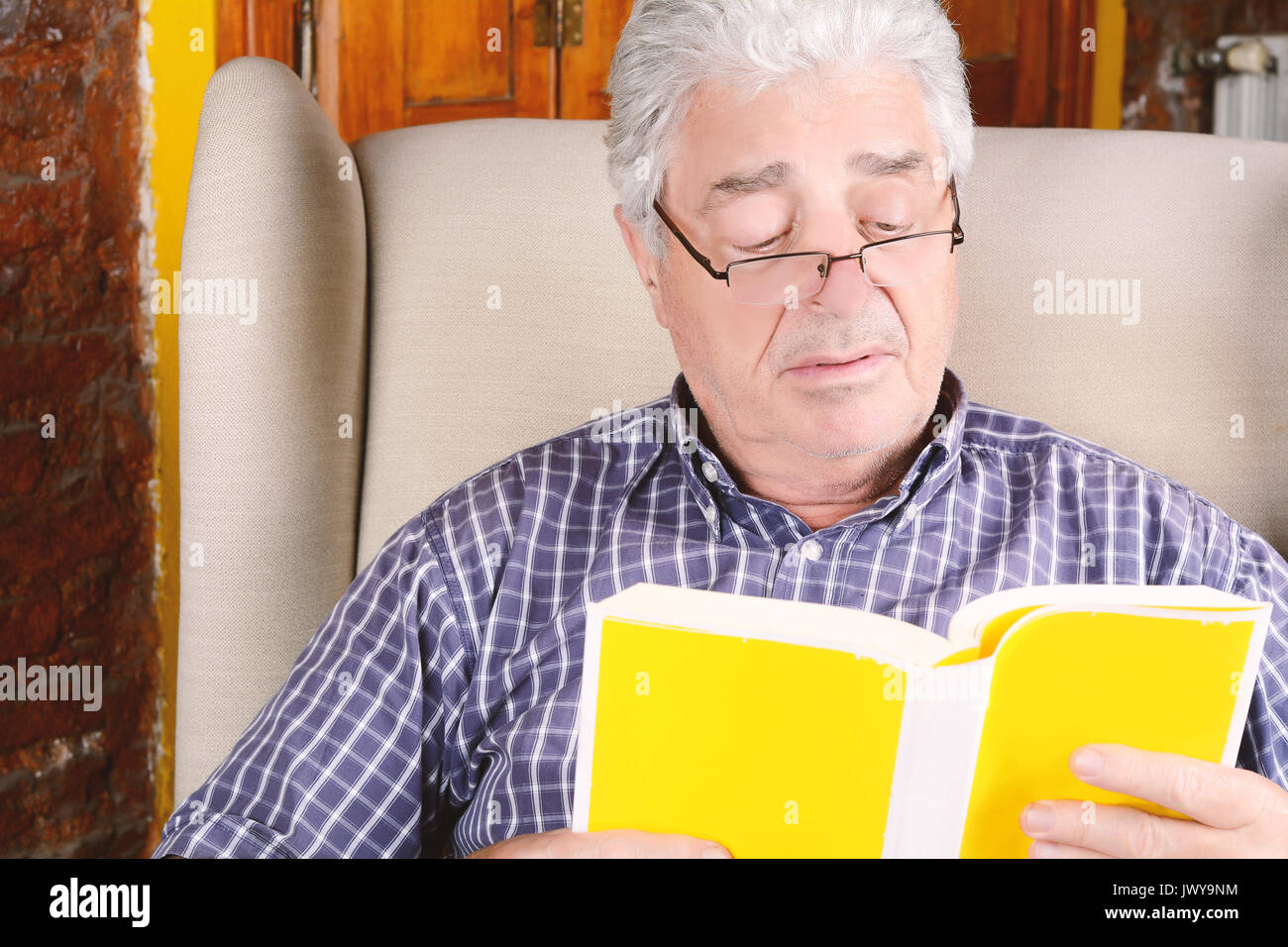 Portrait of an old man reading a book and sitting on couch. Indoors ...