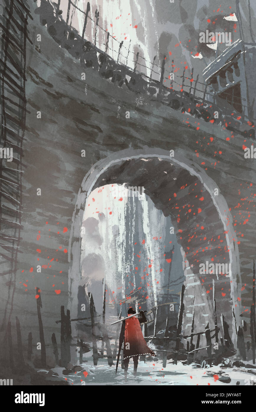 knight in red cape with sword standing under the old stone arch bridge ...