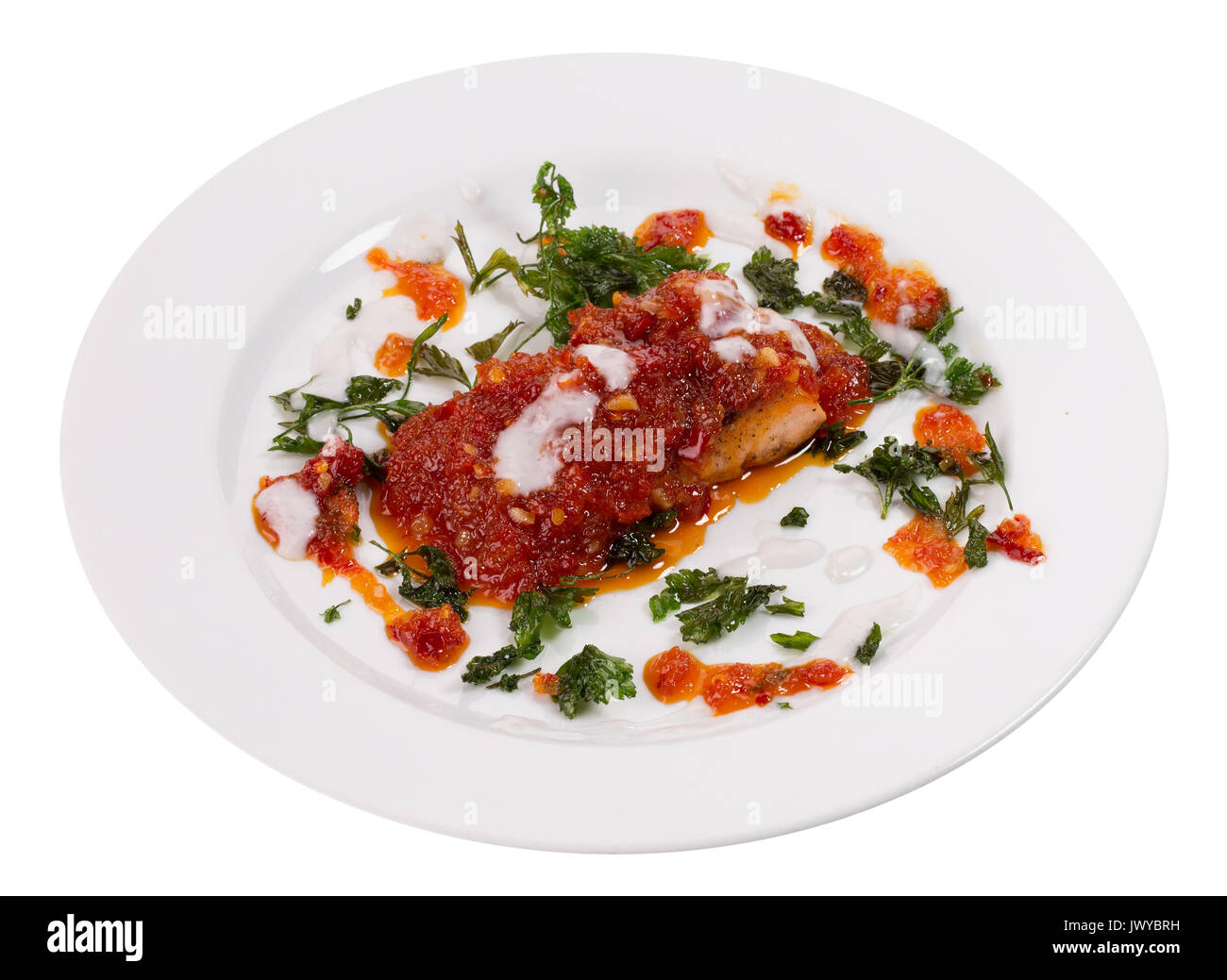 fish under tomato-pepper sauce Stock Photo - Alamy