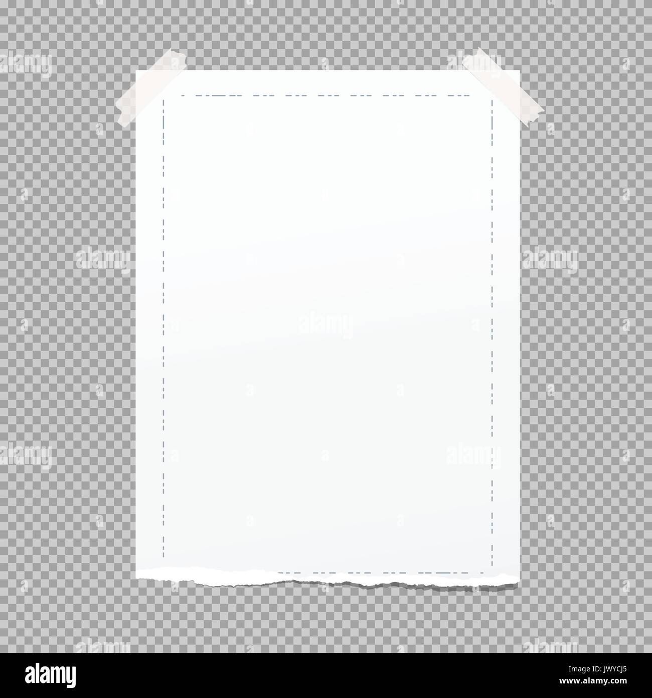 White ripped note, copybook, notebook paper with dashed line frame ...