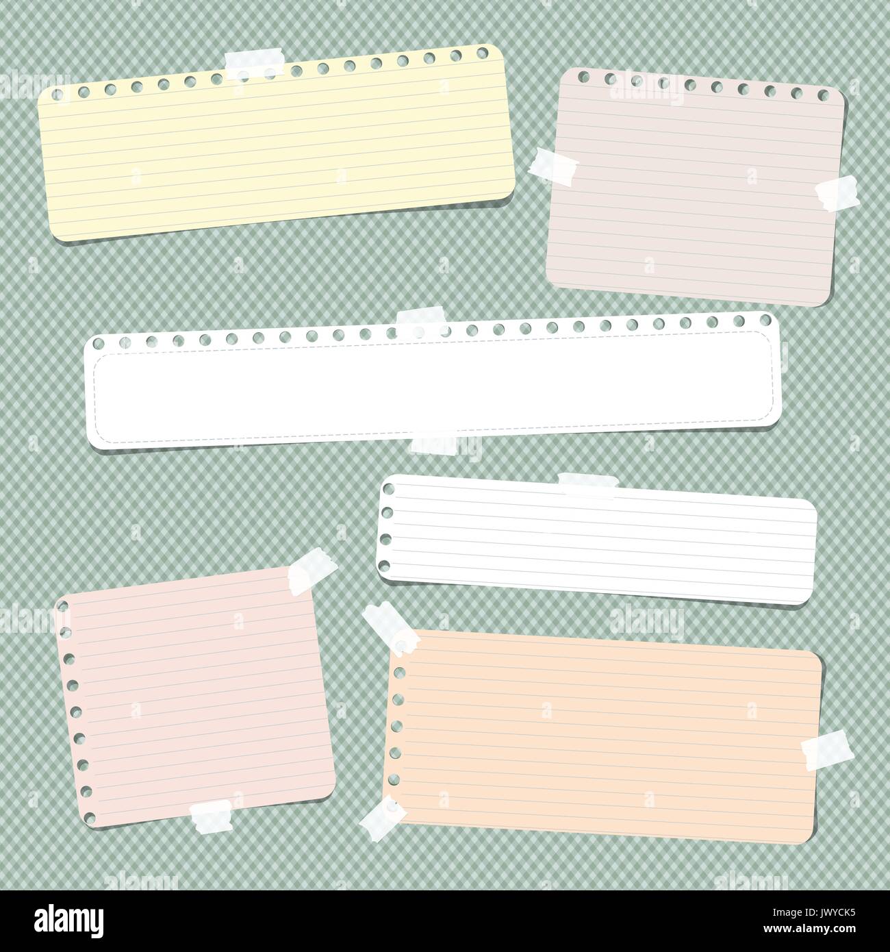 Colorful striped, ruled note, copybook, notebook paper stuck with ...