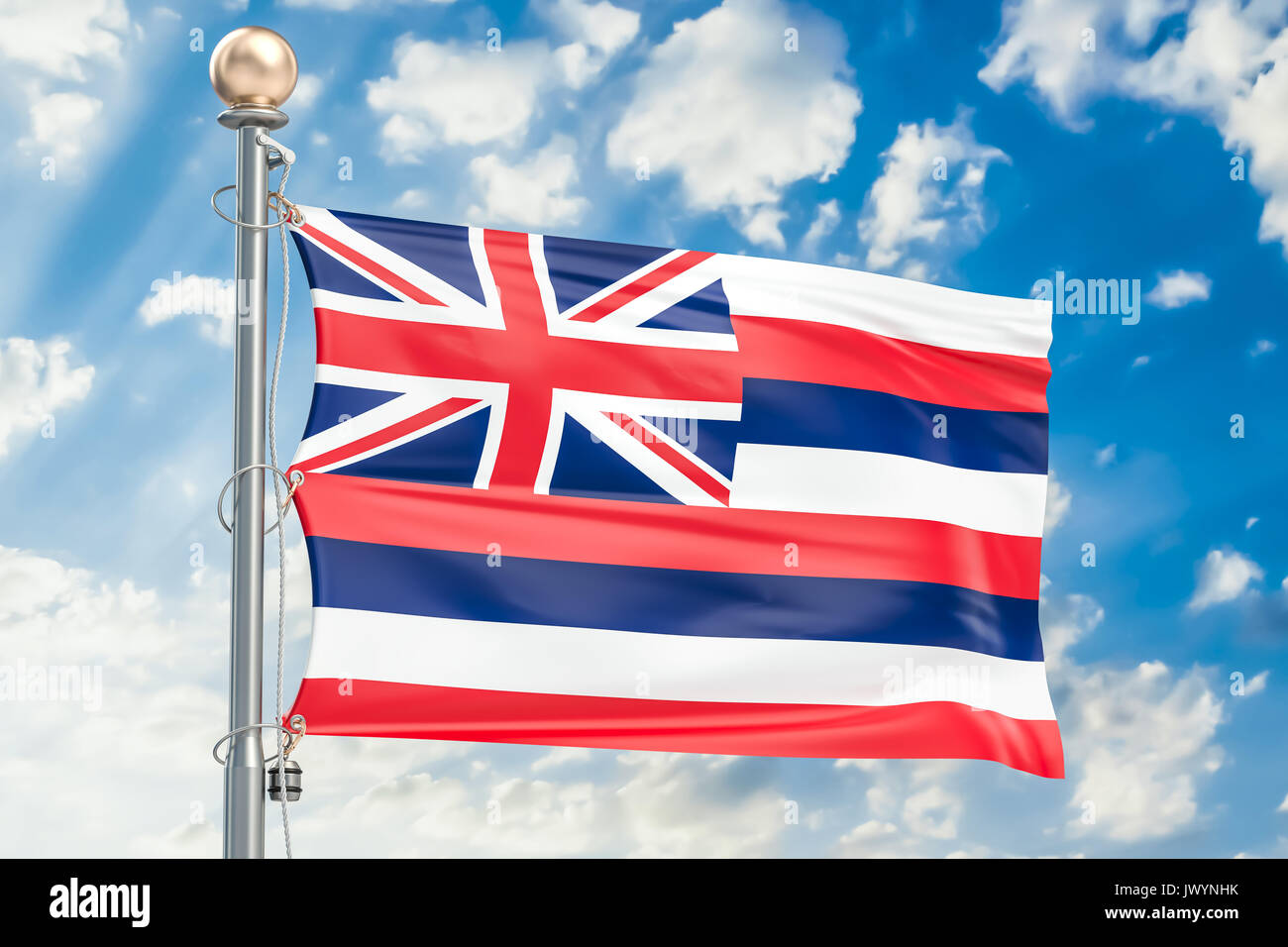 Hawaii flag waving in blue cloudy sky, 3D rendering Stock Photo - Alamy