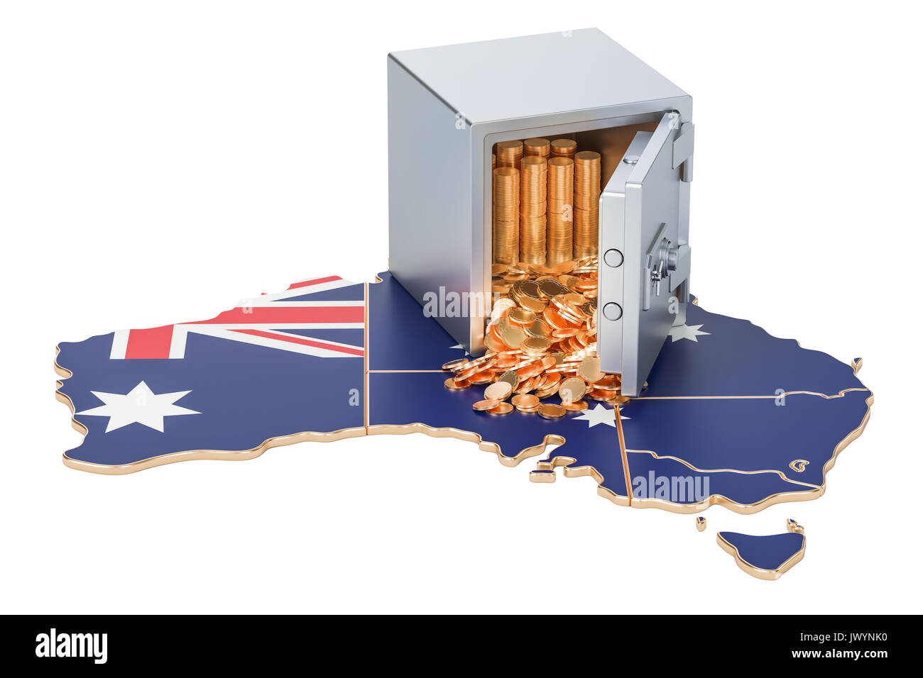 Safe box with golden coins on the map of Australia, 3D rendering Stock ...