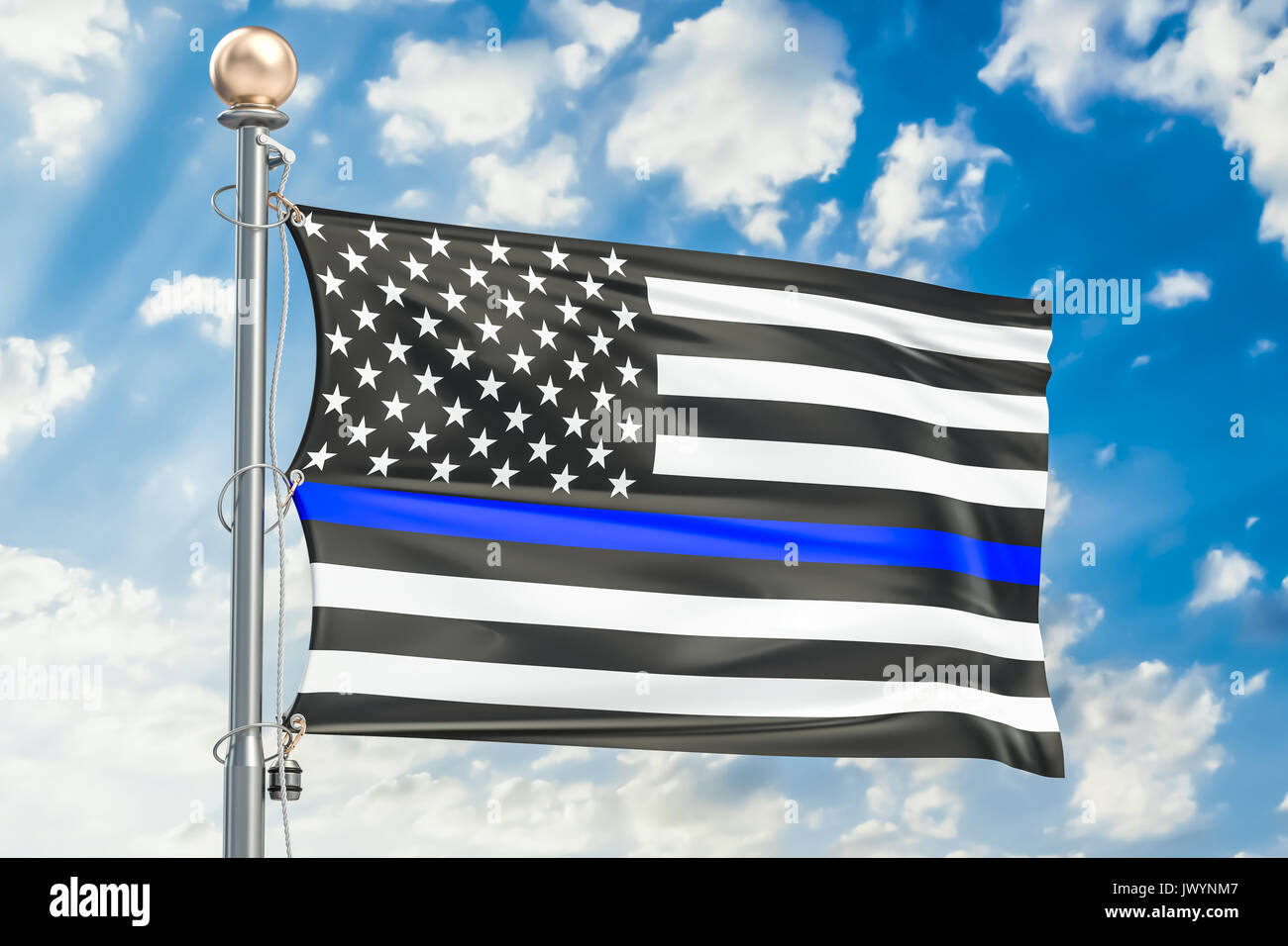 Thin Blue Line. Black Flag of US with Police Blue Line, 3D rendering ...