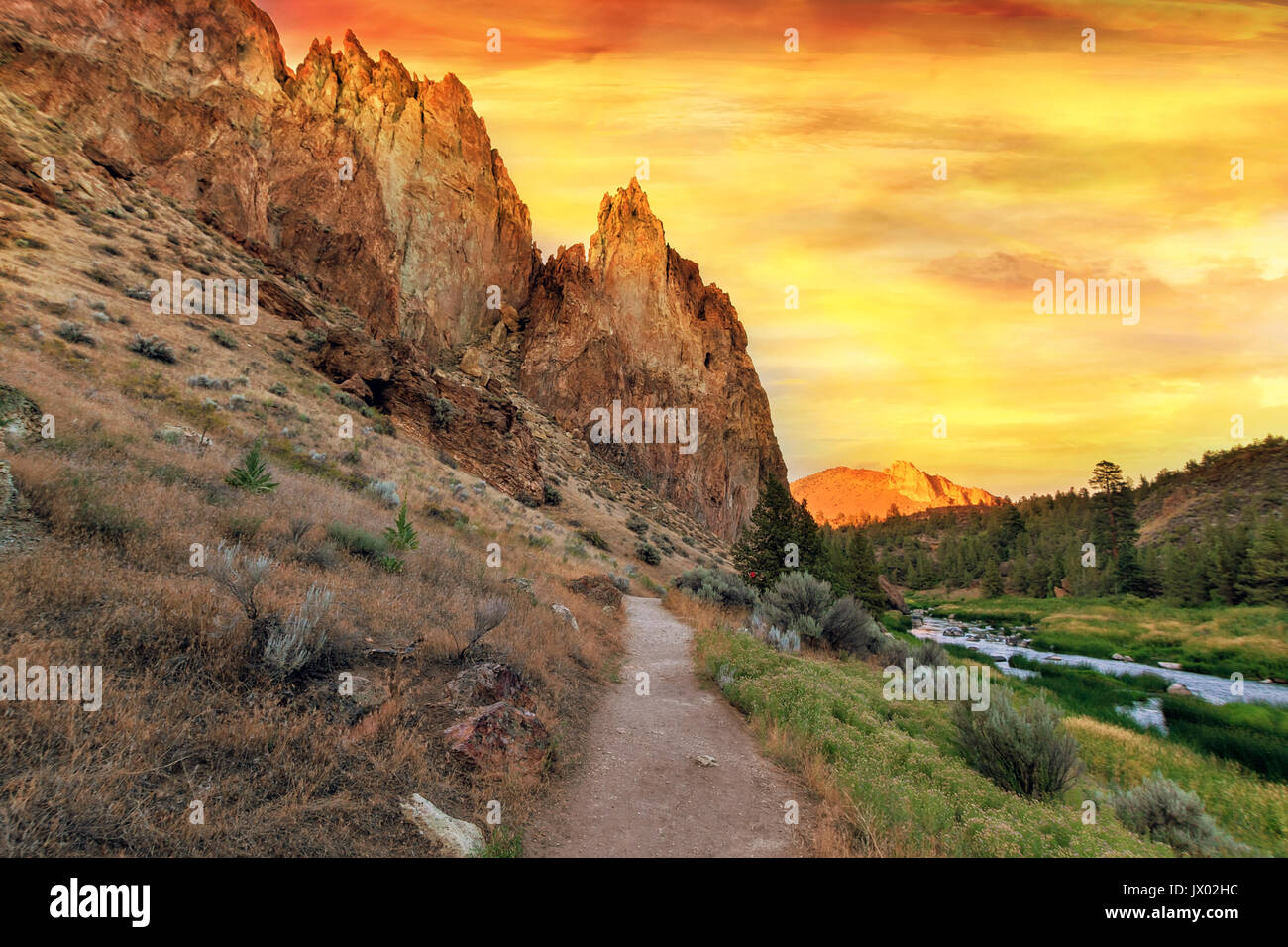 Hiking trail at Smith Rock State Park in Central Oregon during sunset ...