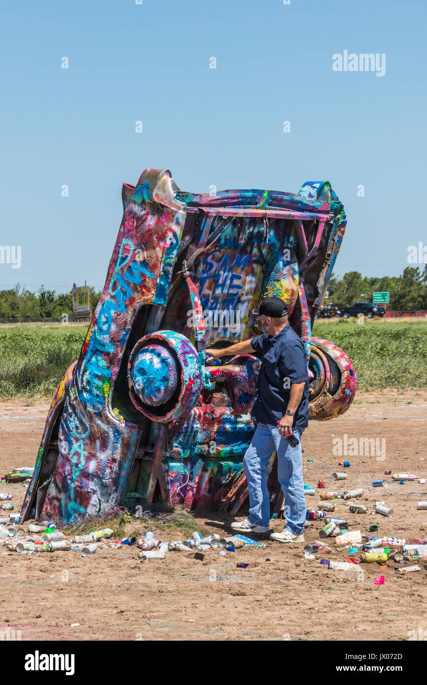 Famous tourist stop at Cadillac Ranch along Interstate 40 at Amarillo ...