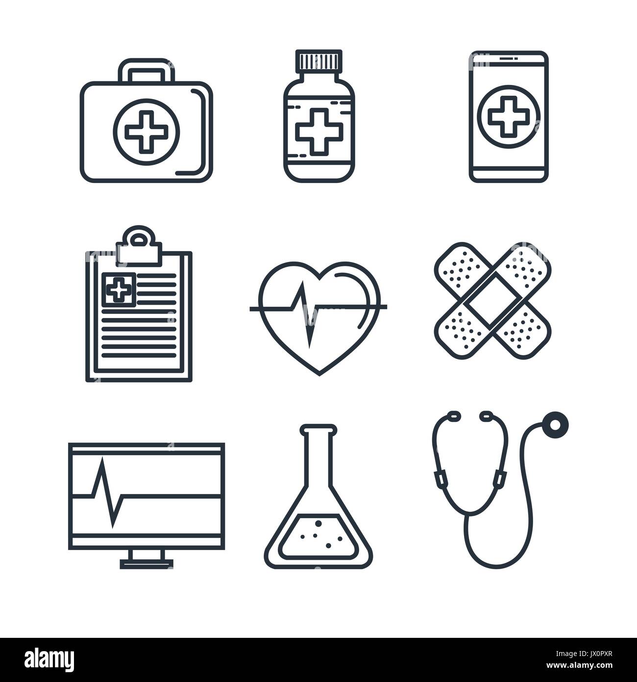 Flat line uncolored medical objects over white background vector ...