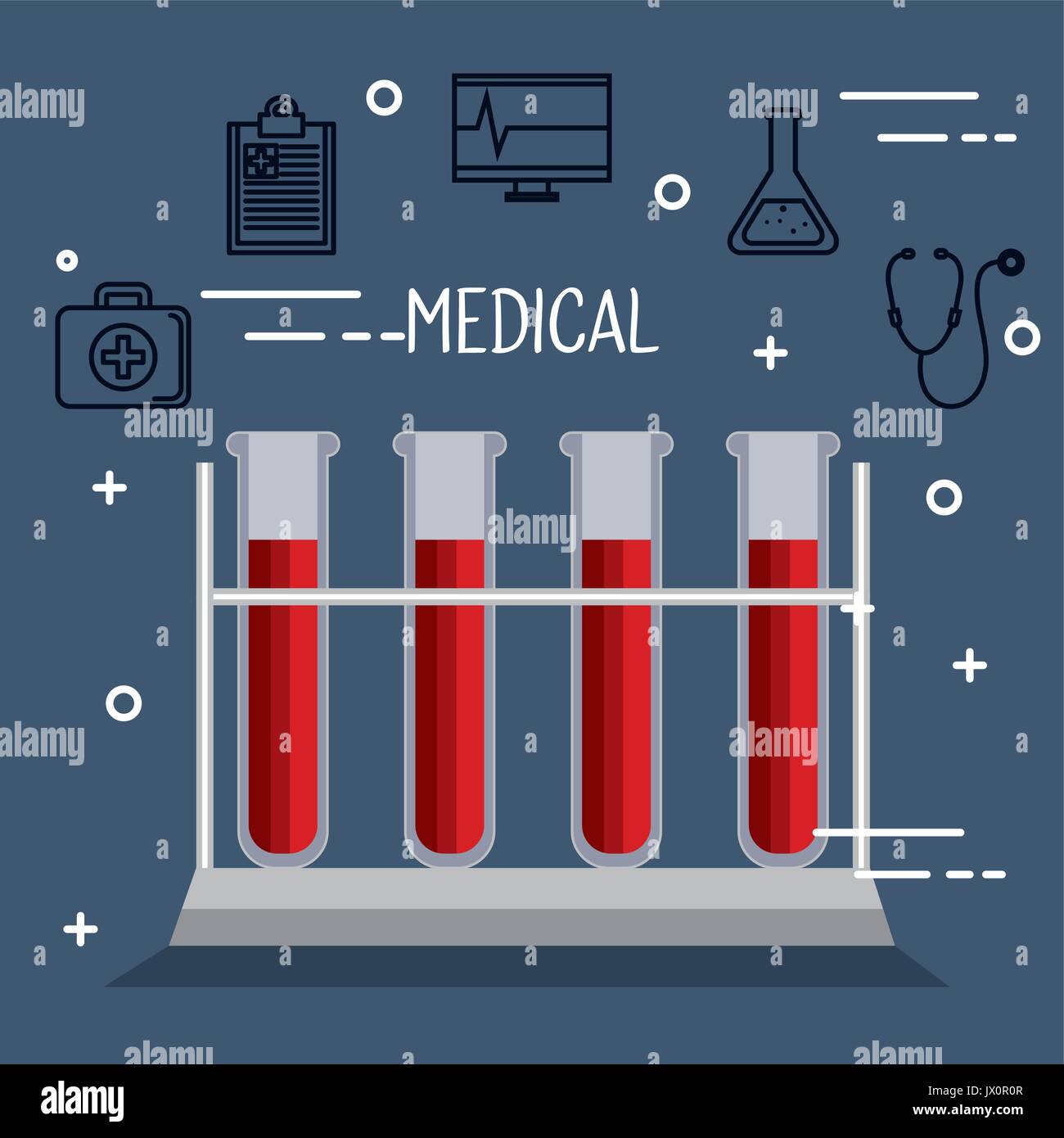 Testing tubes with blood and hand drawn medical objects over blue ...