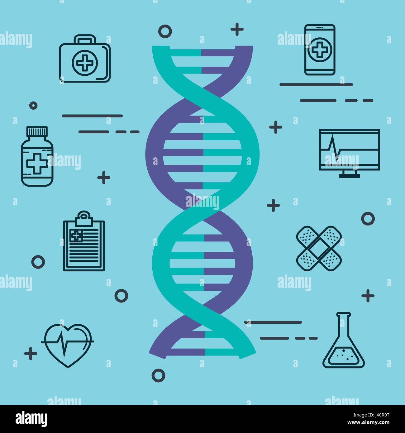 DNA and hand drawn medical objects over blue background vector ...