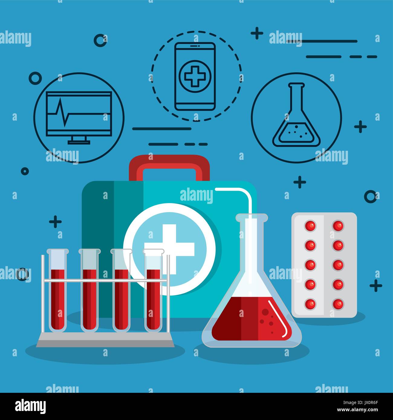 Blood flask and testing tubes with other medical objects over blue ...