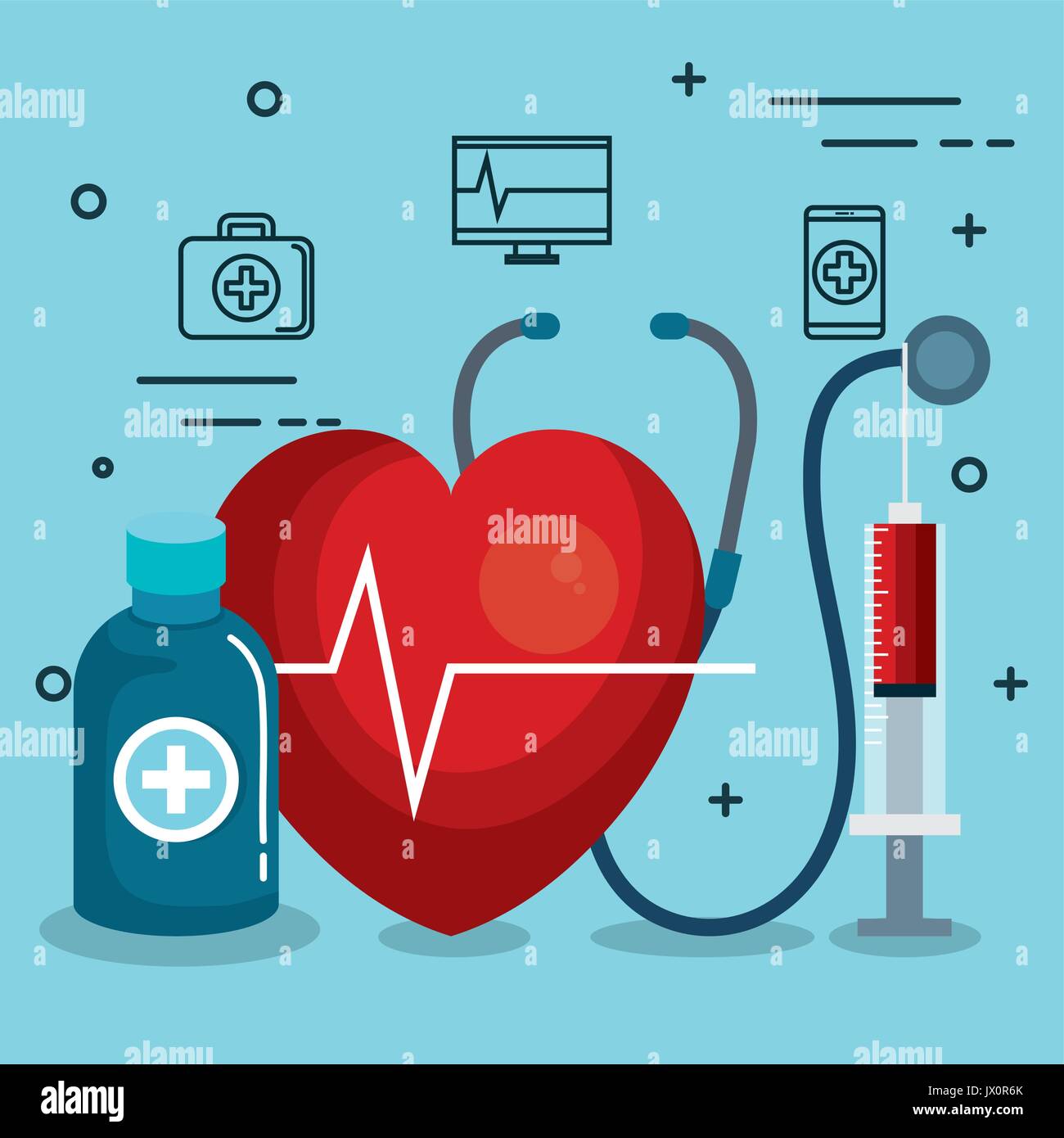 Heart medication and syringe with related objects over blue background ...