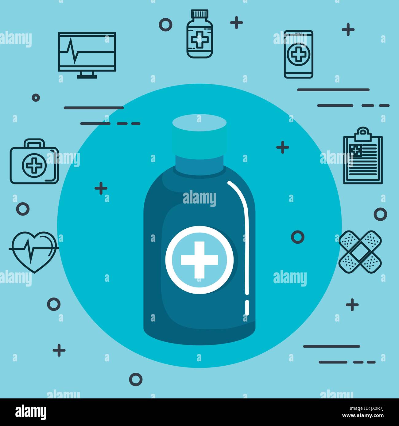 Medication icon surrounded by related objects over blue background ...