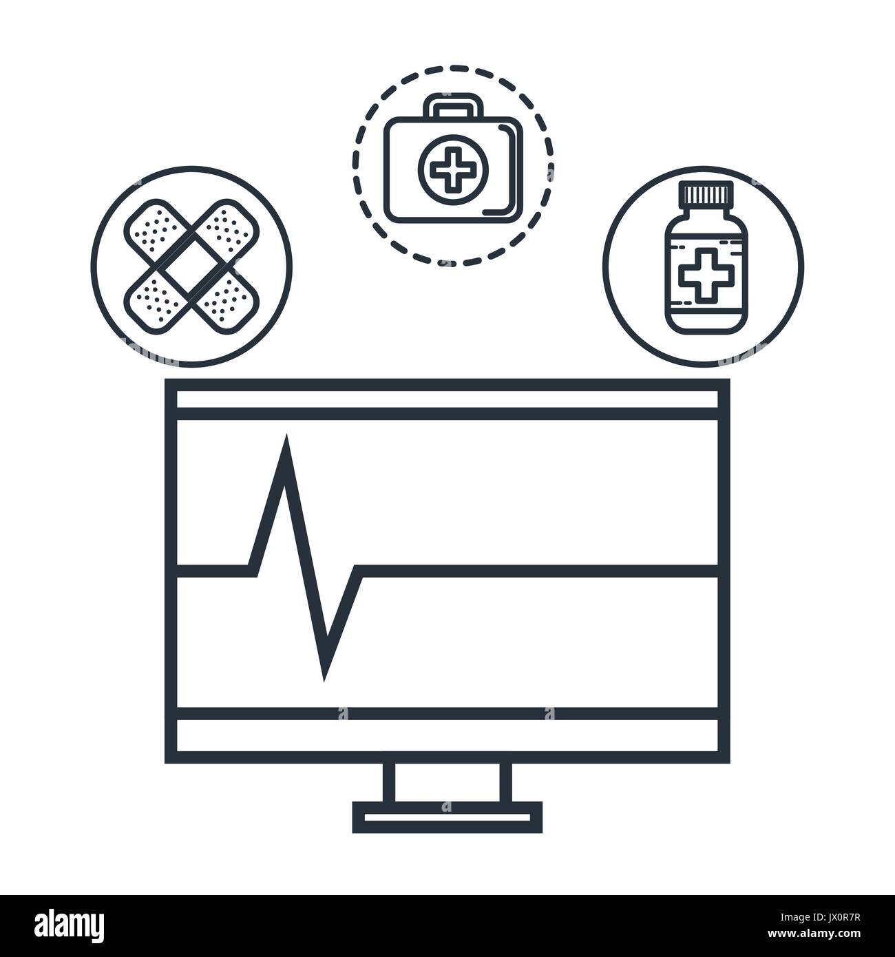 Flat line uncolored monitor with medicine related objects over white ...