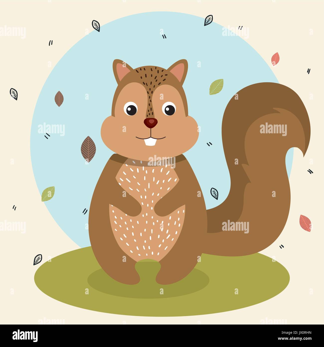 cartoon squirrel wild animal with falling leaves landscape nature ...