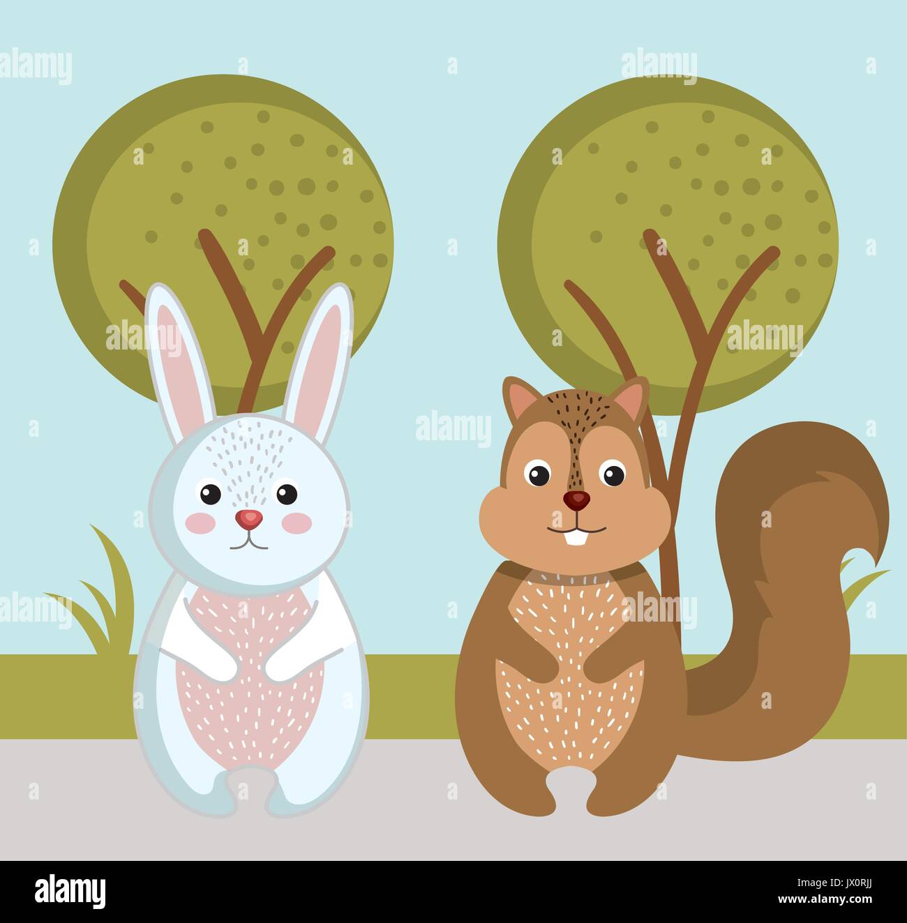 cute rabbit and squirrel wild animals forest landscape tree vector ...