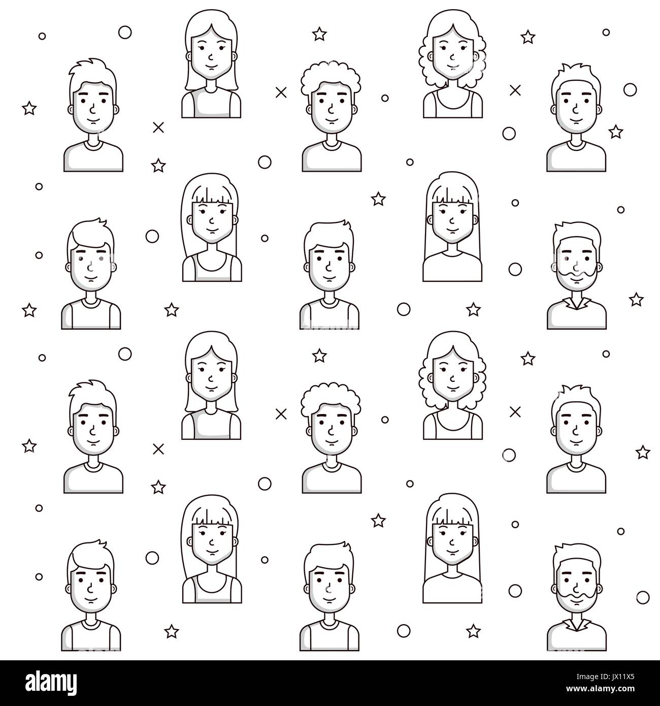 seamless pattern of young people faces outline vector illustration ...