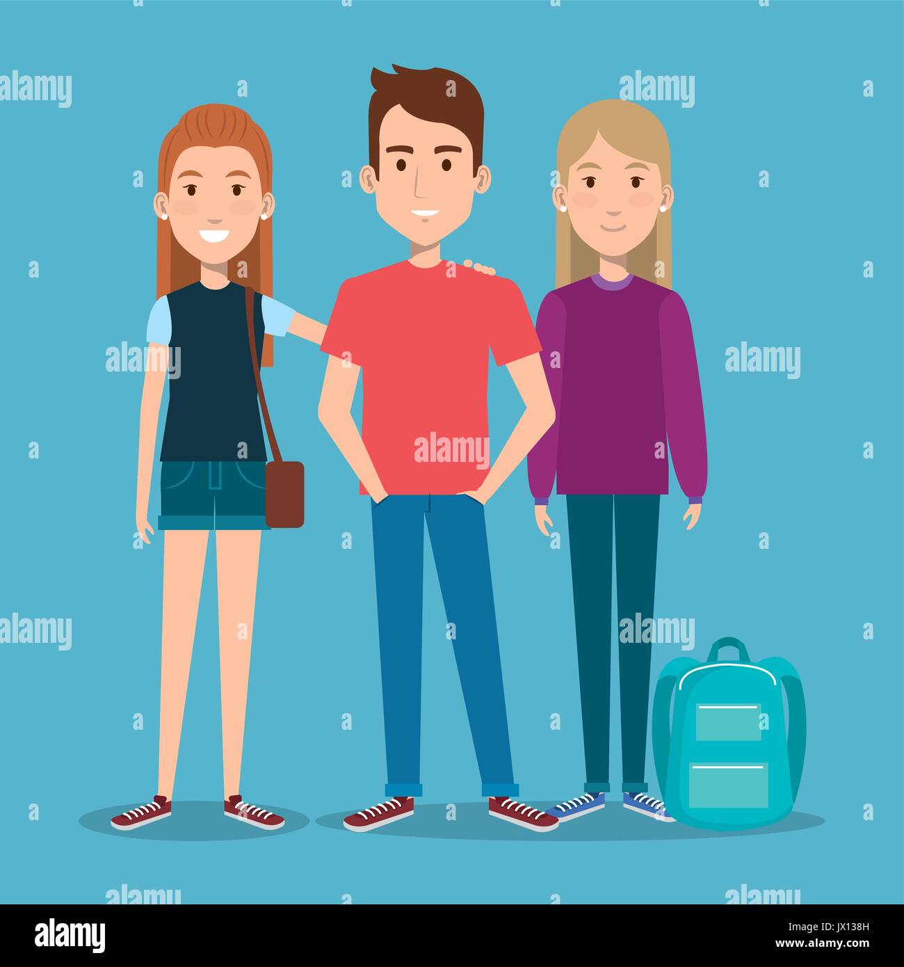 three students school standing together with backpack vector ...