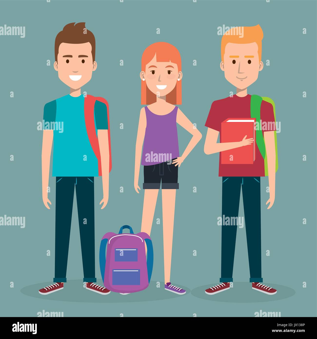 three students school standing together holding books and backpack ...