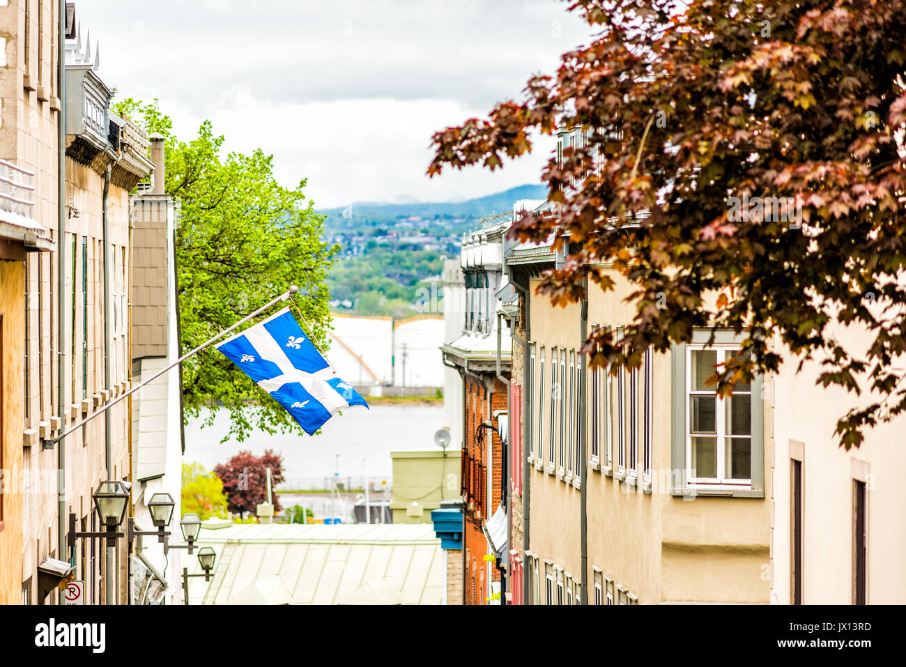 Aerial cityscape of upper old town street Quebec City, Canada looking ...