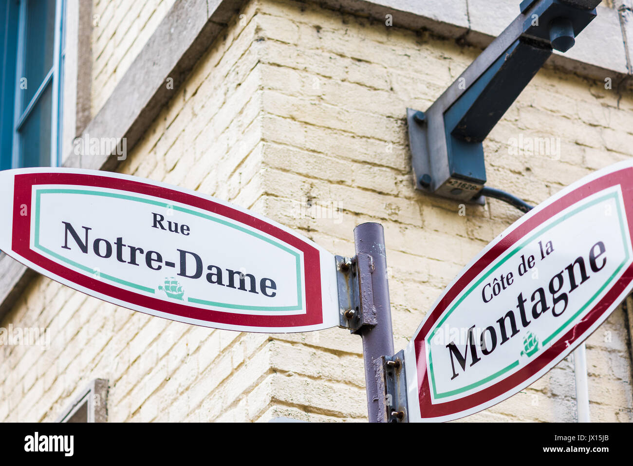 Closeup of lower old town street signs in Quebec City, Canada called ...