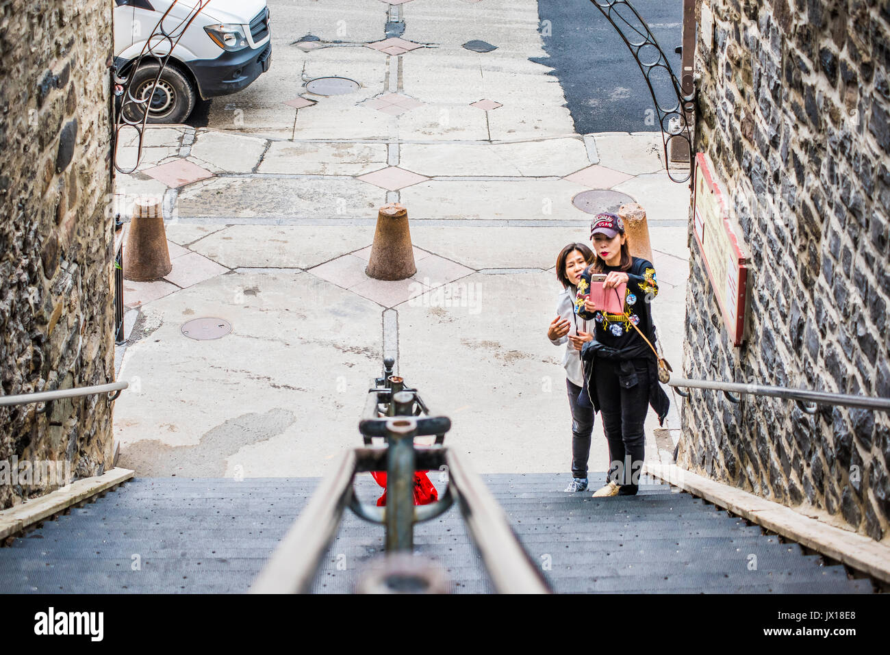 Quebec City, Canada - May 30, 2017: Asian tourist women taking pictures ...
