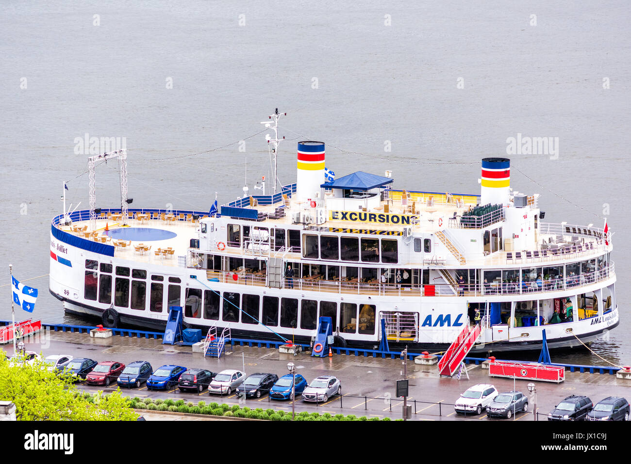 Quebec City, Canada - May 30, 2017: Closeup aerial view of ferry with ...