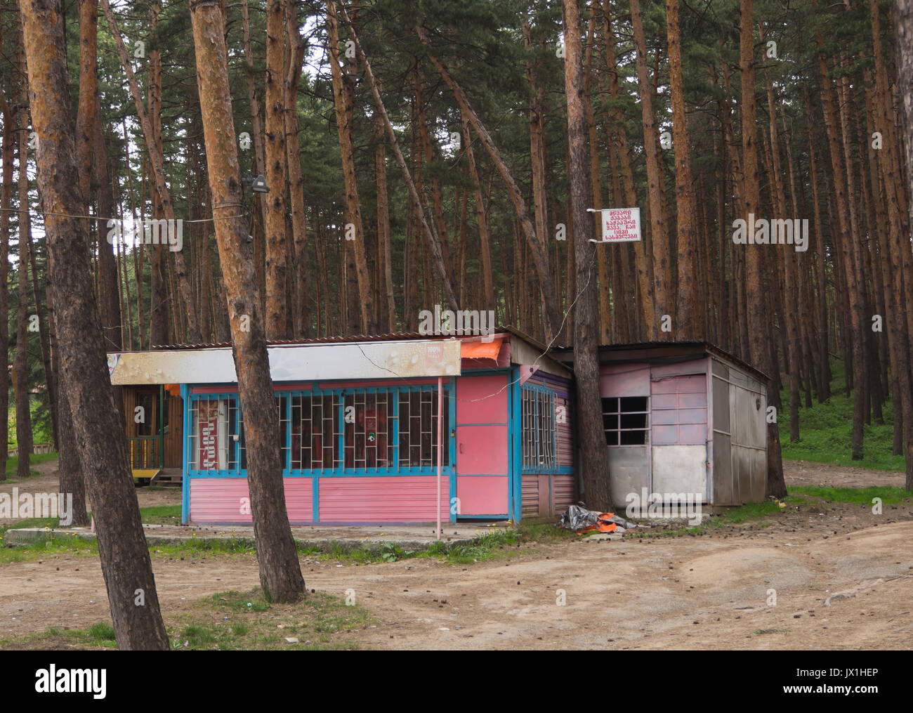 Small pink stall along the E-60 in the forest near Surami in Georgia ...