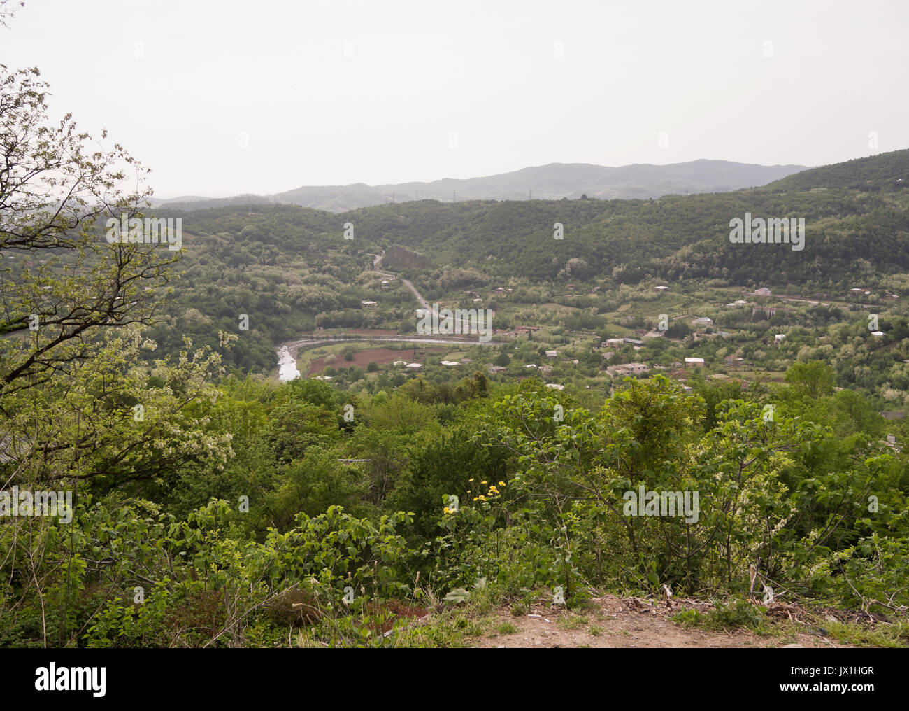 Panorama view of the green Georgian countryside from the Gelaty ...