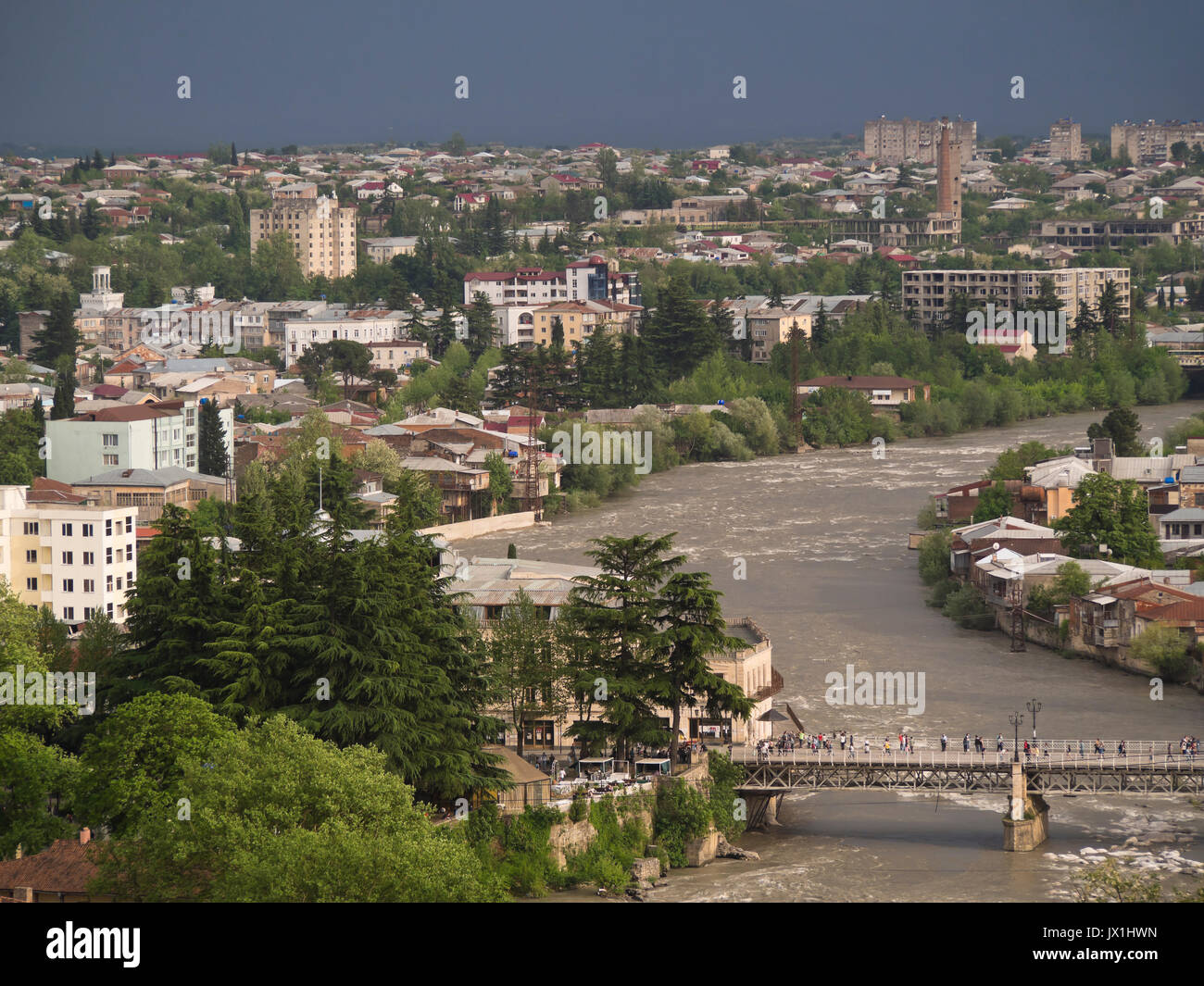 Panorama view of the city of Kutaisi in Georgia, evening sunlight and ...