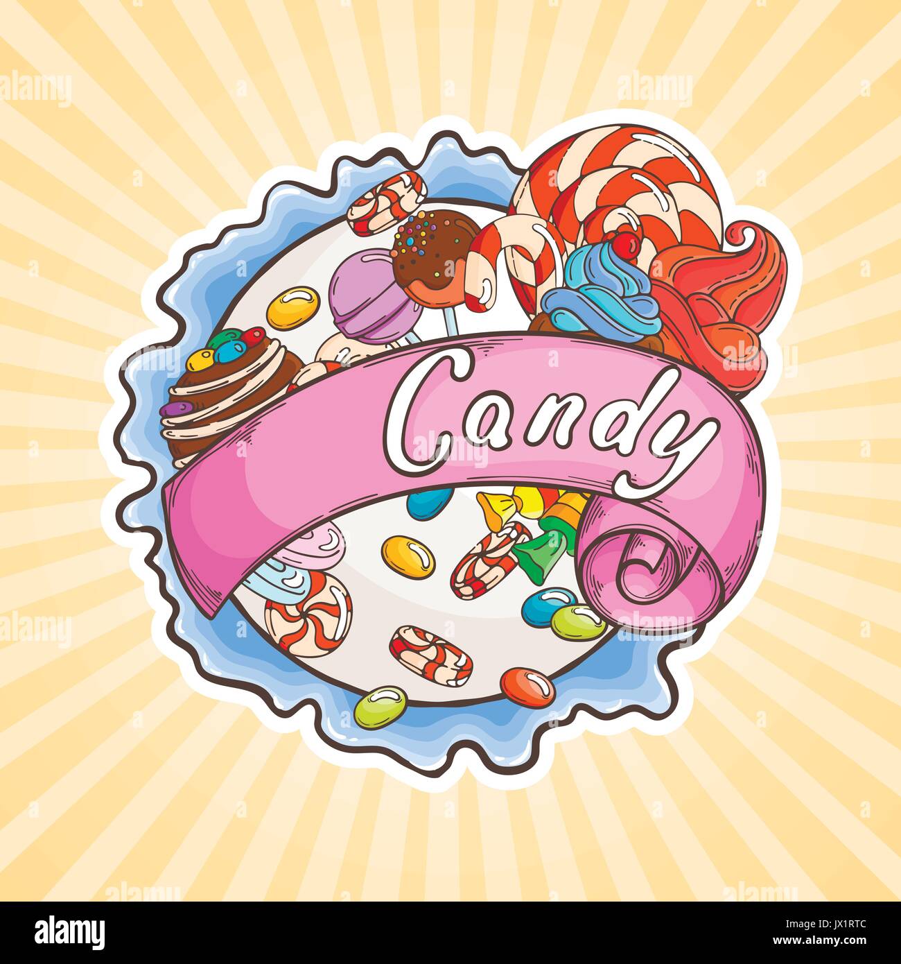 Label sweet shop. Swirl candy, chocolate, lollipop, caramel, cream ...