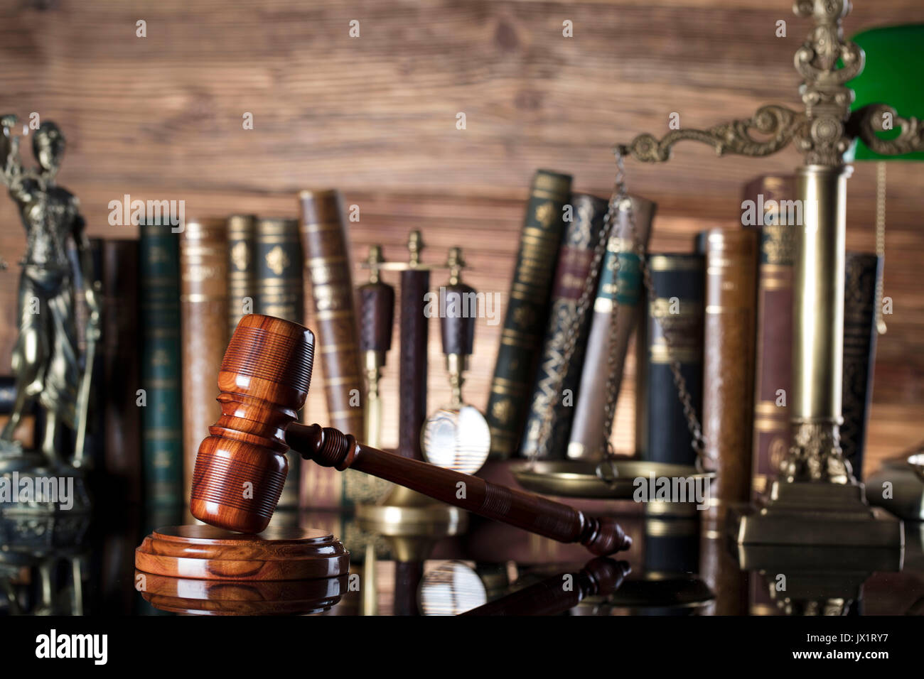 Gavel, books, scales, Themis. Law concept. Place for text Stock Photo ...