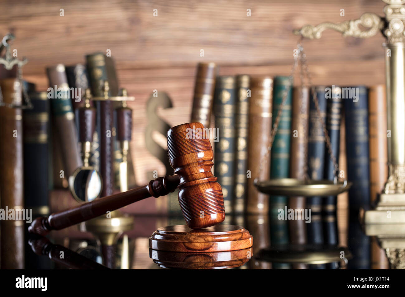 Gavel, books, scales, Themis. Law concept. Place for text Stock Photo ...