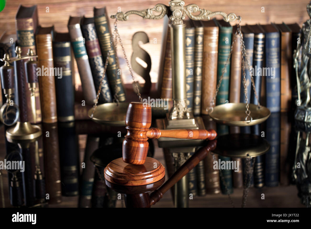 Gavel, books, scales, Themis. Law concept. Place for text Stock Photo ...