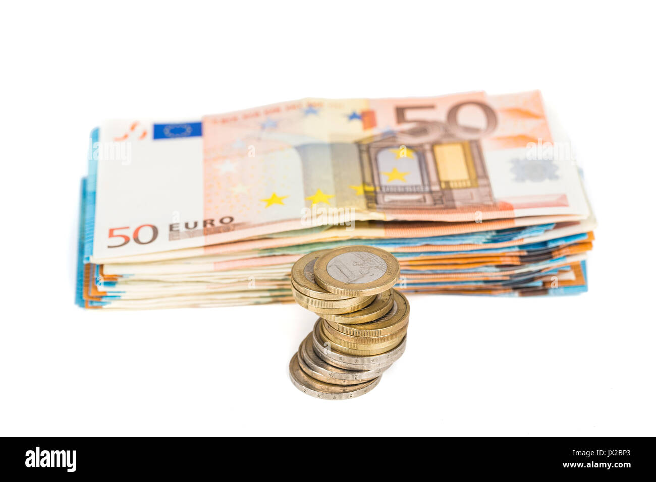 Pile of banknotes bills and pile of coins European currency money Stock ...