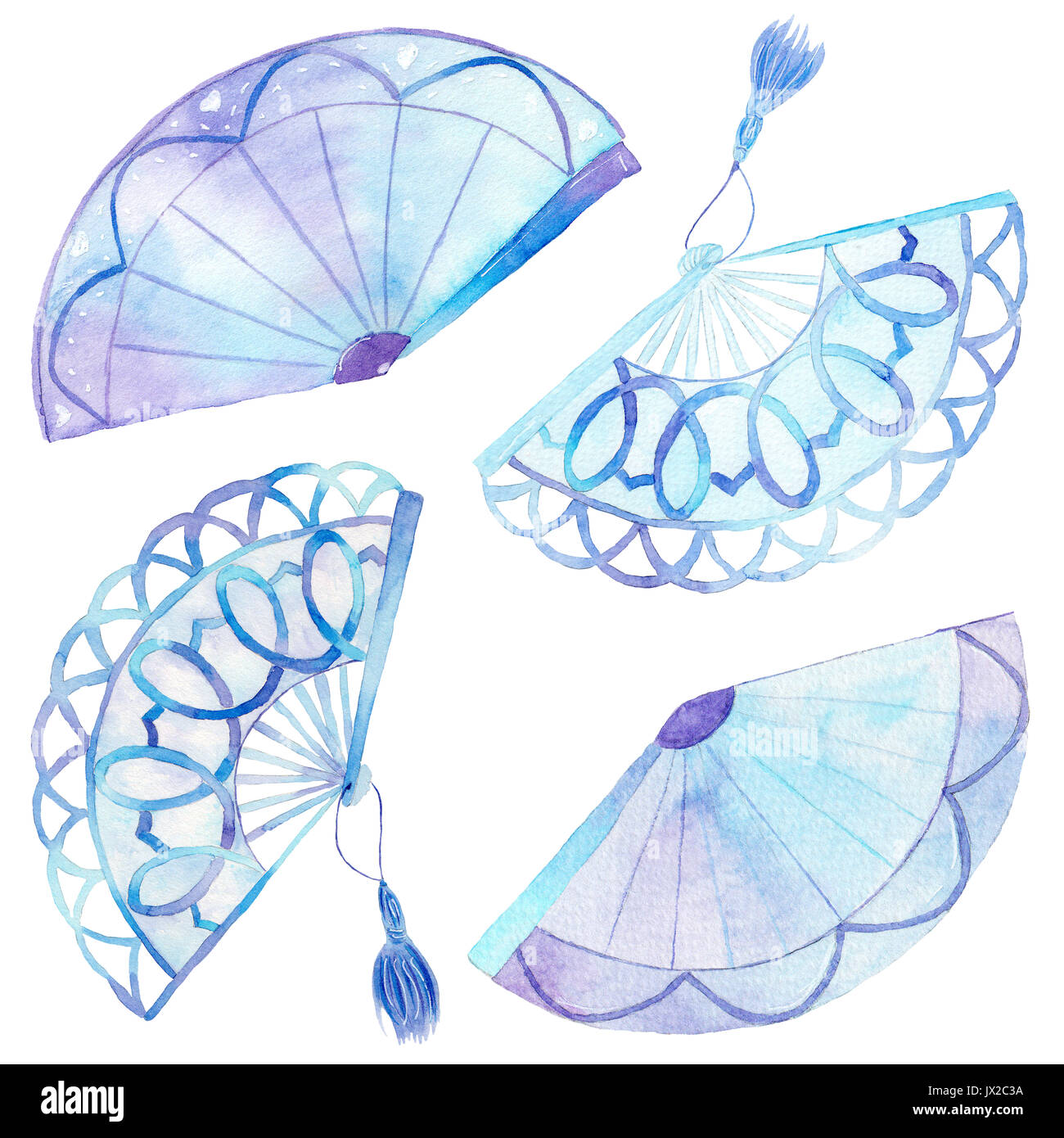 Watercolor hand drawn painting blue fans on white background Stock ...