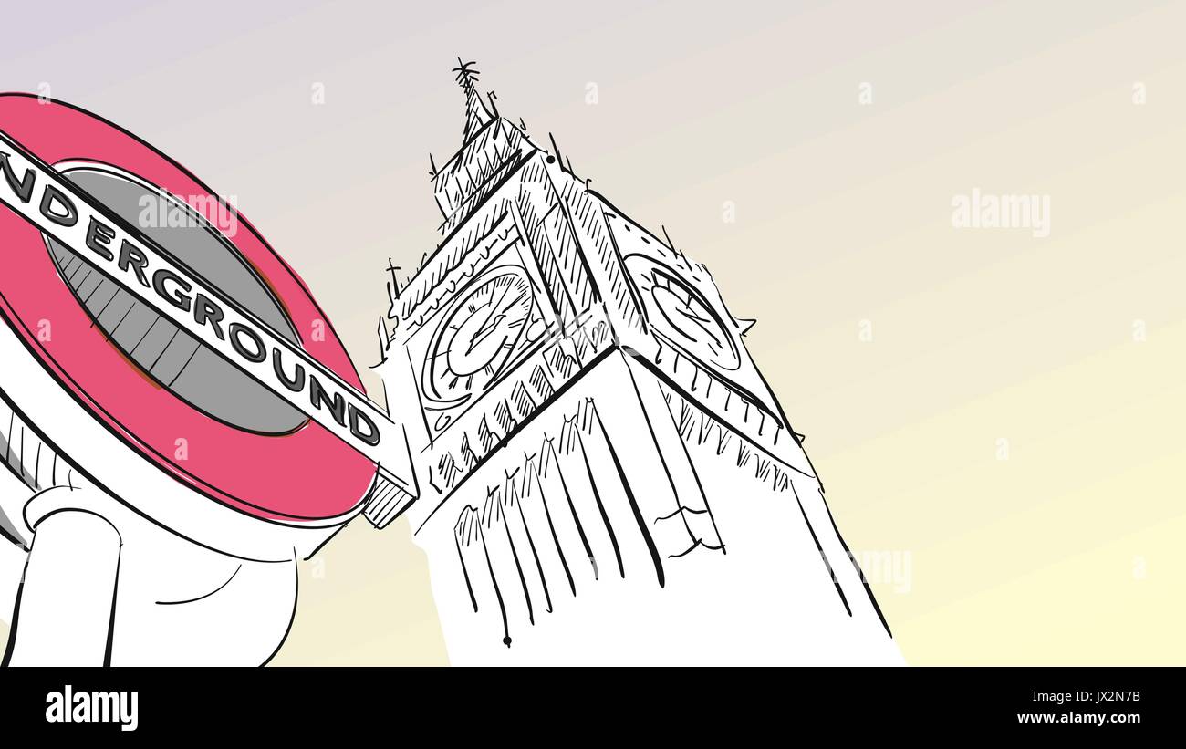 Colored Big Ben and Underground sign, handdrawn vector sketch, focus on ...