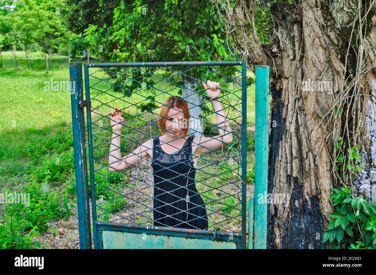 Girl posing behind an old iron gate. Since the fence is only gate ...